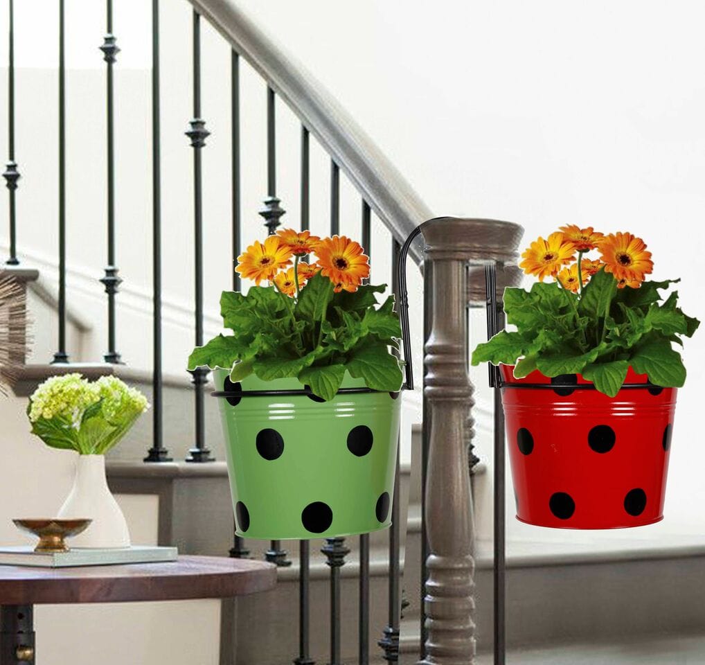 Railing Mountable Hanger with 4 Dotted Flower Pots (Orange, Yellow, Gr ...